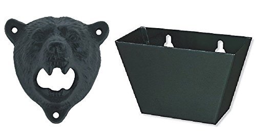 WISH HALLY WOOD Bottle Opener, Iron Bear Teeth Wall Mount Bottle Opener and Cap Catcher Set (Black Bear Opener + Black Catcher)