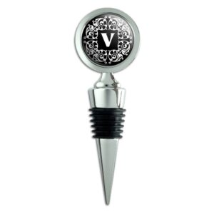 letter v initial black white scrolls wine bottle stopper