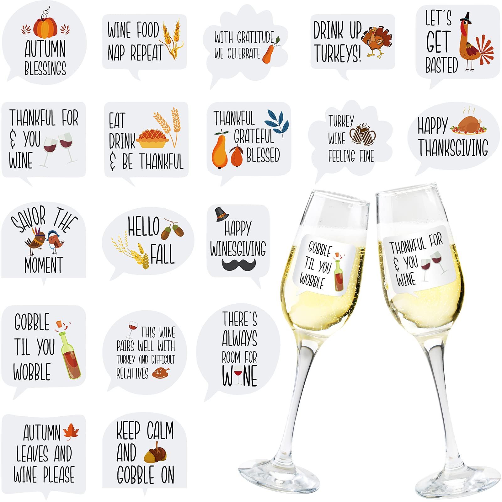 36 Pieces Wine Glass Static Cling Sticker Thanksgiving Reusable Funny Wine Sticker Reusable Wine Glass Stickers Wine Glass Drink Markers Fall Wine Stickers for Wine Tasting Wine Charm Party Supplies