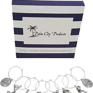 Palm City Products Sports Themed Wine Charms - 8 Piece Wine Charm Set - Great Gift for Sports Fans