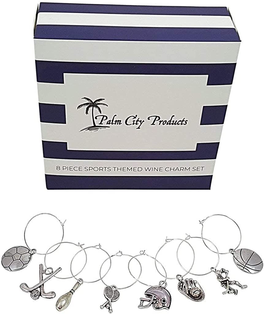 Palm City Products Sports Themed Wine Charms - 8 Piece Wine Charm Set - Great Gift for Sports Fans