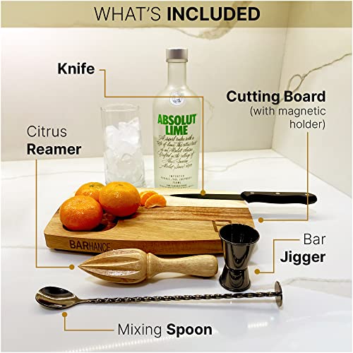 Mixing Bar Set Cocktail Kit by BARHANCE - Bar Tools Cocktail Set with Bar Jigger, Cutting Board, Citrus Reamer, Mixing Spoon, Knife - Bartender Kit Professional Cocktail Set