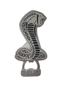 shelby cobra snake magnetic bottle opener | meaures 2.1 inches by 5.3 inches | molded metal | antique tin plating