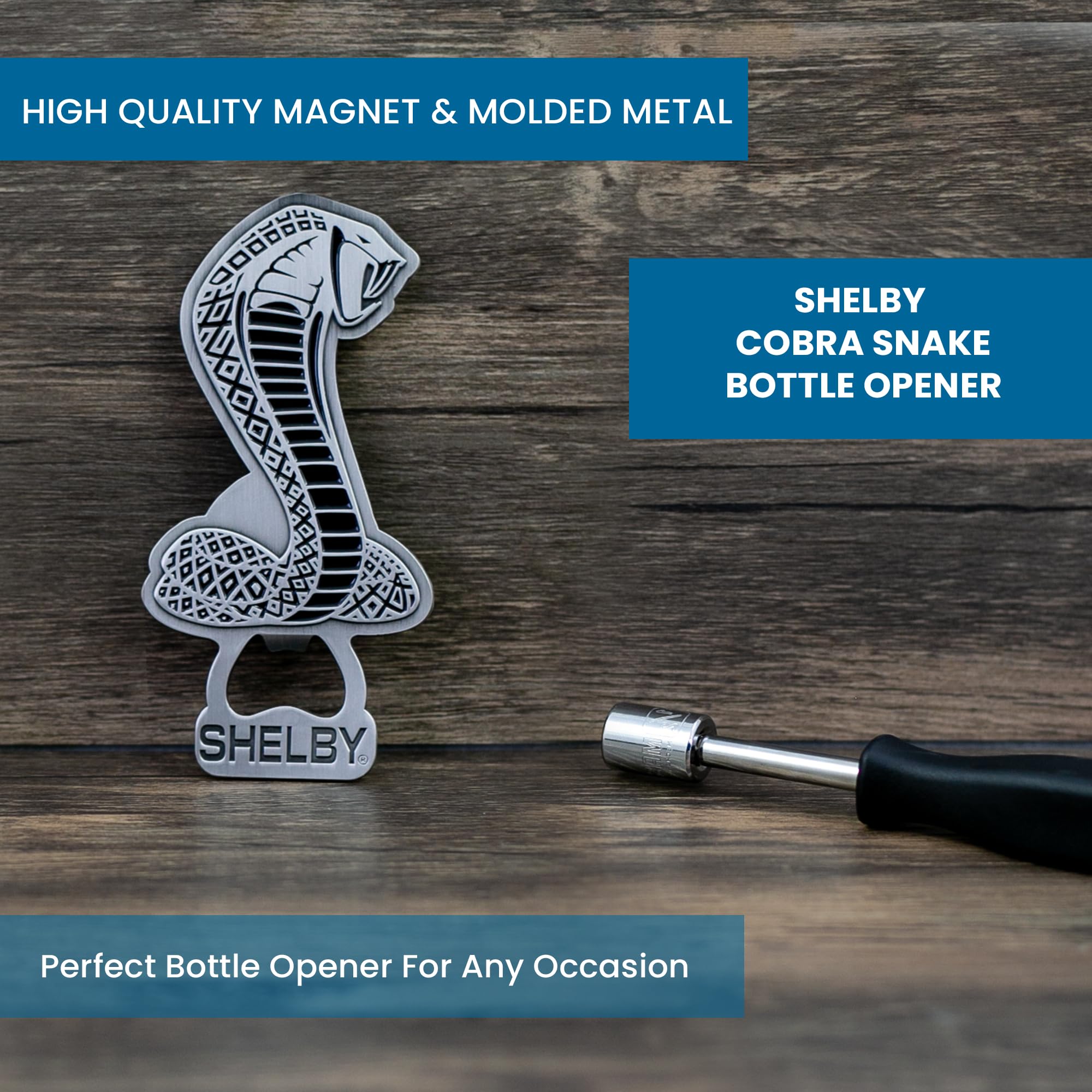 Shelby Cobra Snake Magnetic Bottle Opener | Meaures 2.1 inches by 5.3 inches | Molded Metal | Antique Tin Plating