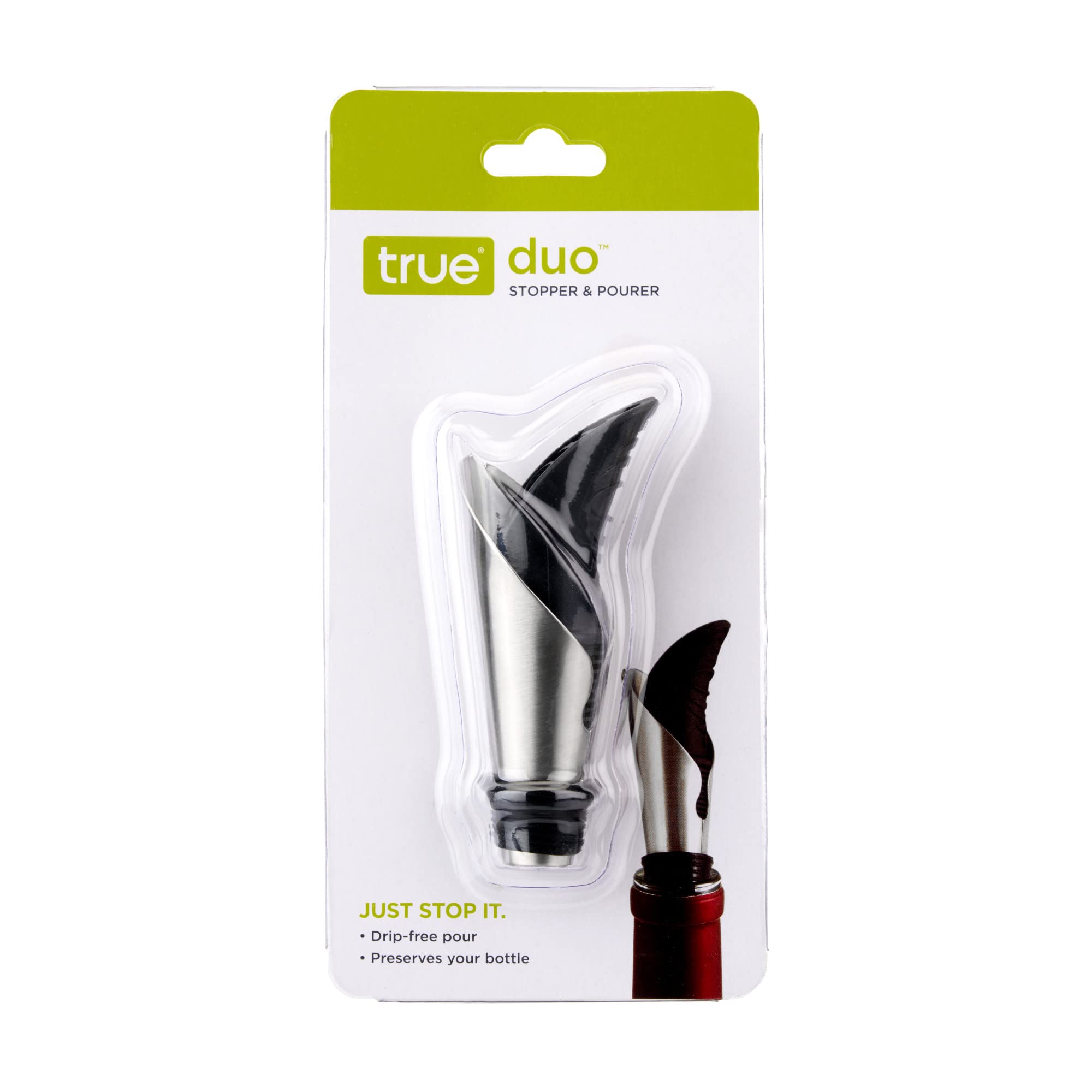 TRUE Duo Wine Pourer and Stopper, Bottle Sealer, Drip Free Pourer, Wine Cork Spout, 2-Piece Design, Silicone and Stainless Steel