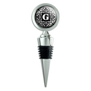 letter g initial black white scrolls wine bottle stopper