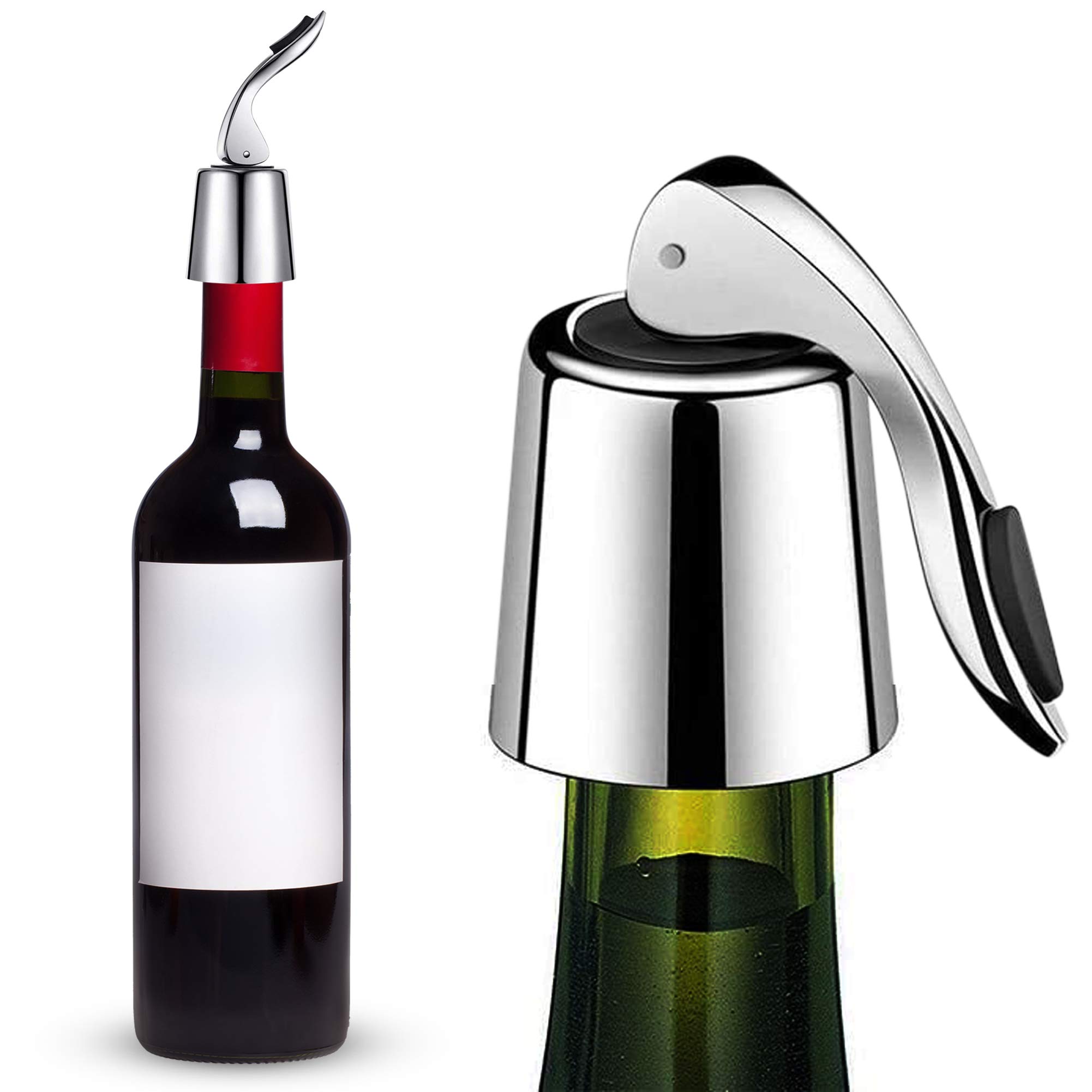 Trovety Wine Stopper Bottle Champagne Saver – Elegant Stainless Steel and Silicone Wine Saver Seals Out Air and Prevents Spills – Reusable, Expandable Bottle Keeper for Reds, Whites, Prosecco (1)