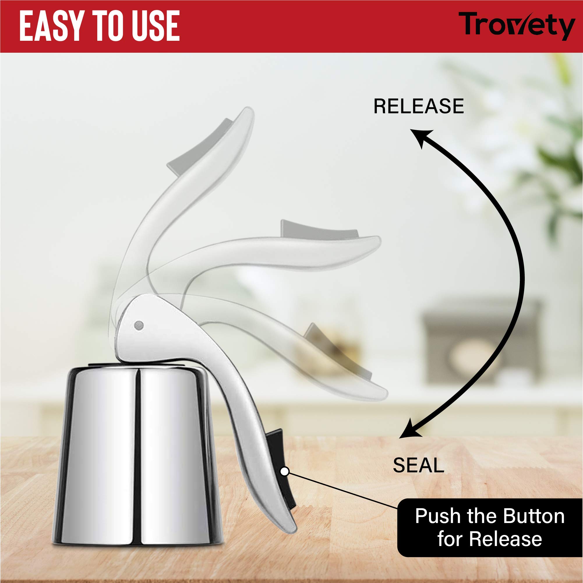 Trovety Wine Stopper Bottle Champagne Saver – Elegant Stainless Steel and Silicone Wine Saver Seals Out Air and Prevents Spills – Reusable, Expandable Bottle Keeper for Reds, Whites, Prosecco (1)