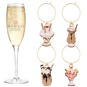 monnel p600 assorted little sundae and ice-cream wine charms glass markers tags for party decorations with velvet bag- set of 4