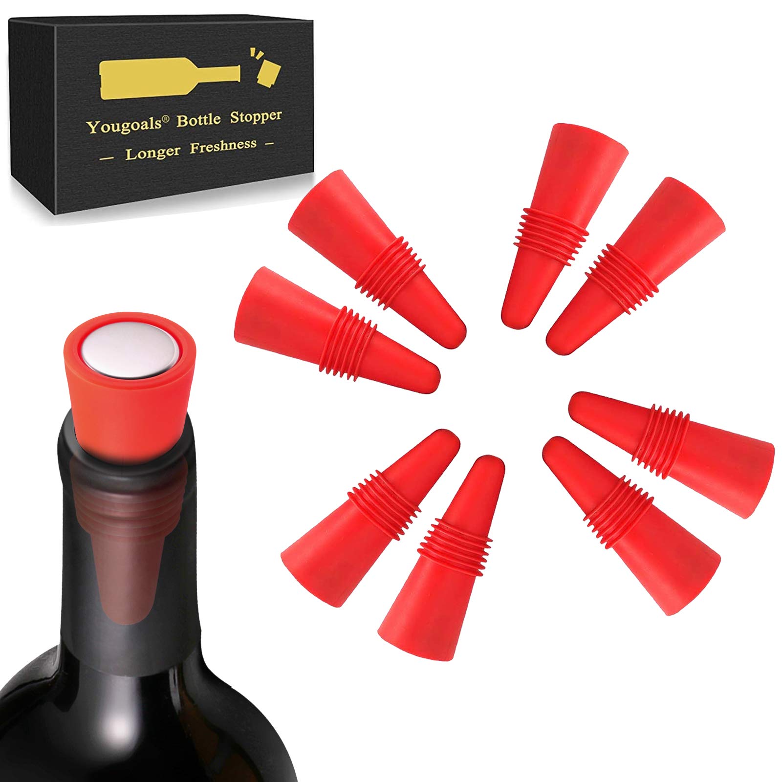 Wine Bottle Stoppers Silicone for Wine Beverage Soda Beer Perserver Keep Freshness, Reusable Wine Corks with Wine Gift Box(RED-8PK), Wine Stoppers for Wine Bottles