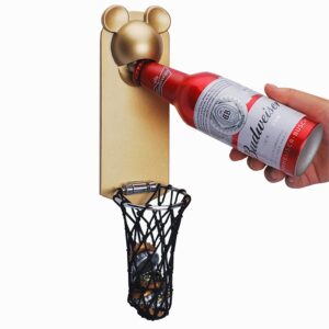 bottle opener basketball with wall mounted cap catcher with cute mickey fridge magnet, ideal gift for basketball, beer lovers, cool stuff gift for kitchen bar