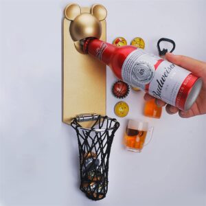 Bottle Opener Basketball with Wall Mounted Cap Catcher with Cute Mickey Fridge Magnet, Ideal Gift for Basketball, Beer Lovers, Cool Stuff Gift for Kitchen Bar