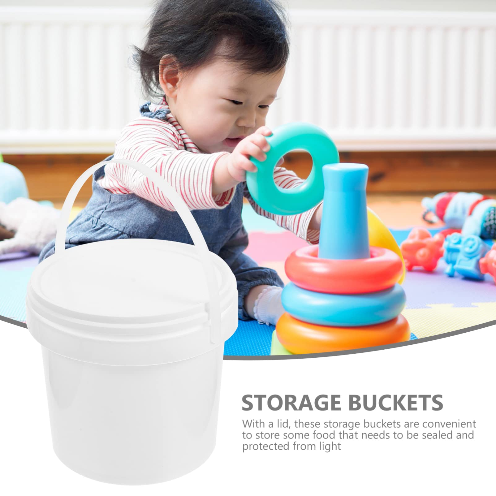 Zerodeko White Plastic Bucket with Handle Lid 2pcs 2L Ice Cream Tub Heavy Duty Portable All Pail Bucket Container for Food Treasure