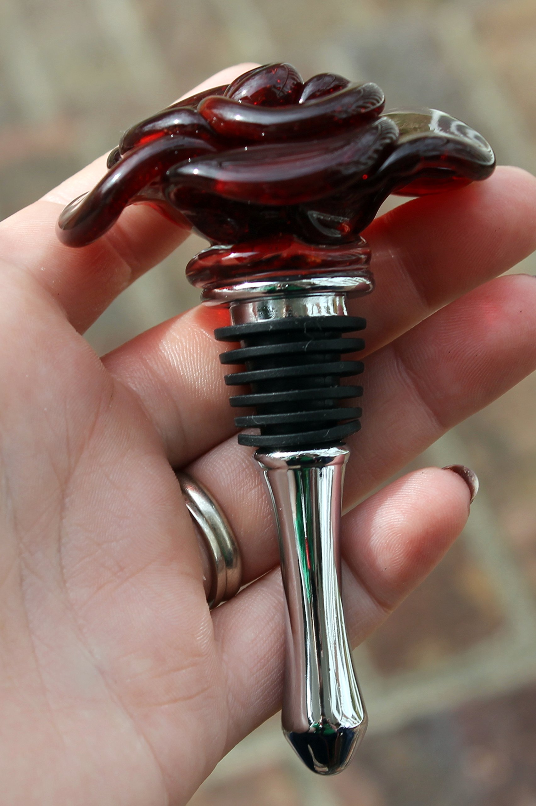 Wine Bottle Stopper Glass Rose Red, Hand Blown Rose, Lampwork SRA Rose, Flower Stainless steel, Gift for Wino Handmade by Untamed Rose