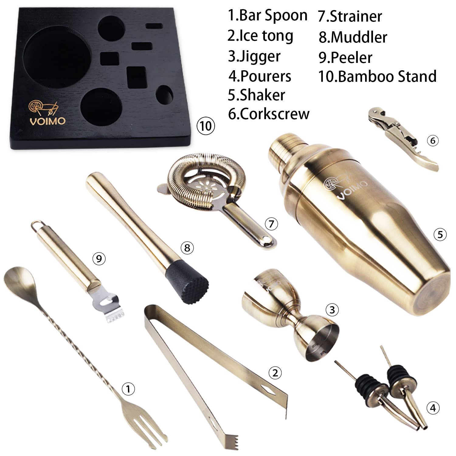 Bartender Kit Cocktail Set, VOIMO Stainless Steel Bronze Wire Drawing Cocktail Shaker Set, 12 Piece Bar Tools Set with Black Bamboo Stand, Cocktail Gift Set for Holiday Day, Home or Bar