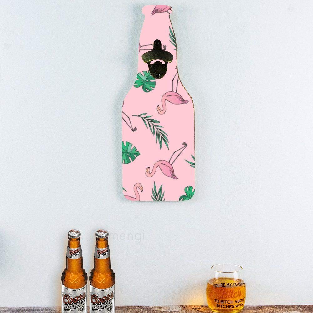 Wall Mounted Bottle Opener for Opening Beer, Flamingos Tropical Green Leaves Unique Beer Shaped Wooden Bottle Opener for Beer Lovers