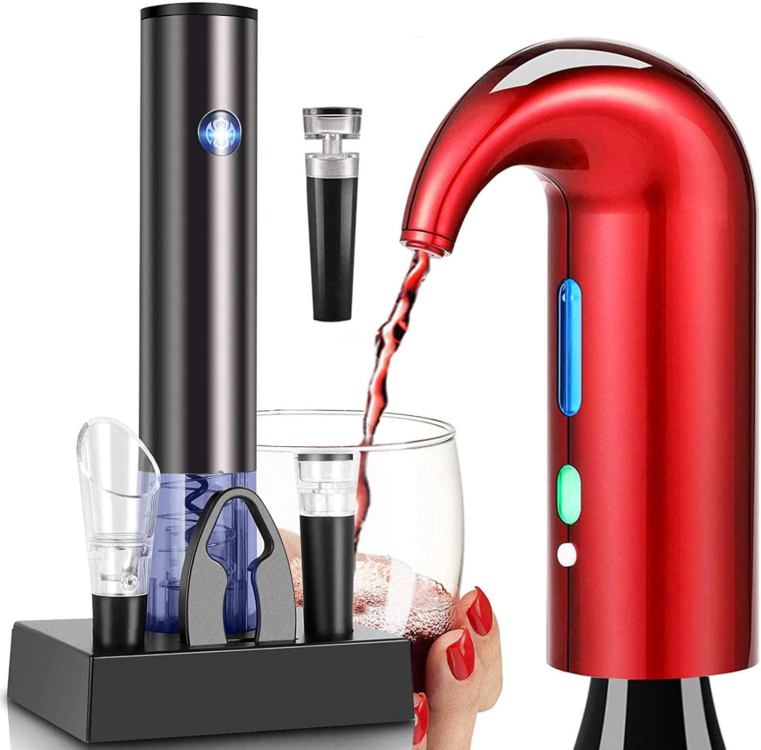 Electric Wine Aerator Pourer, Stopper Multi-Smart Automatic Filter Wine Dispenser - Premium Aerating Pourer and Decanter Spout - wine preserver(Lucky red)