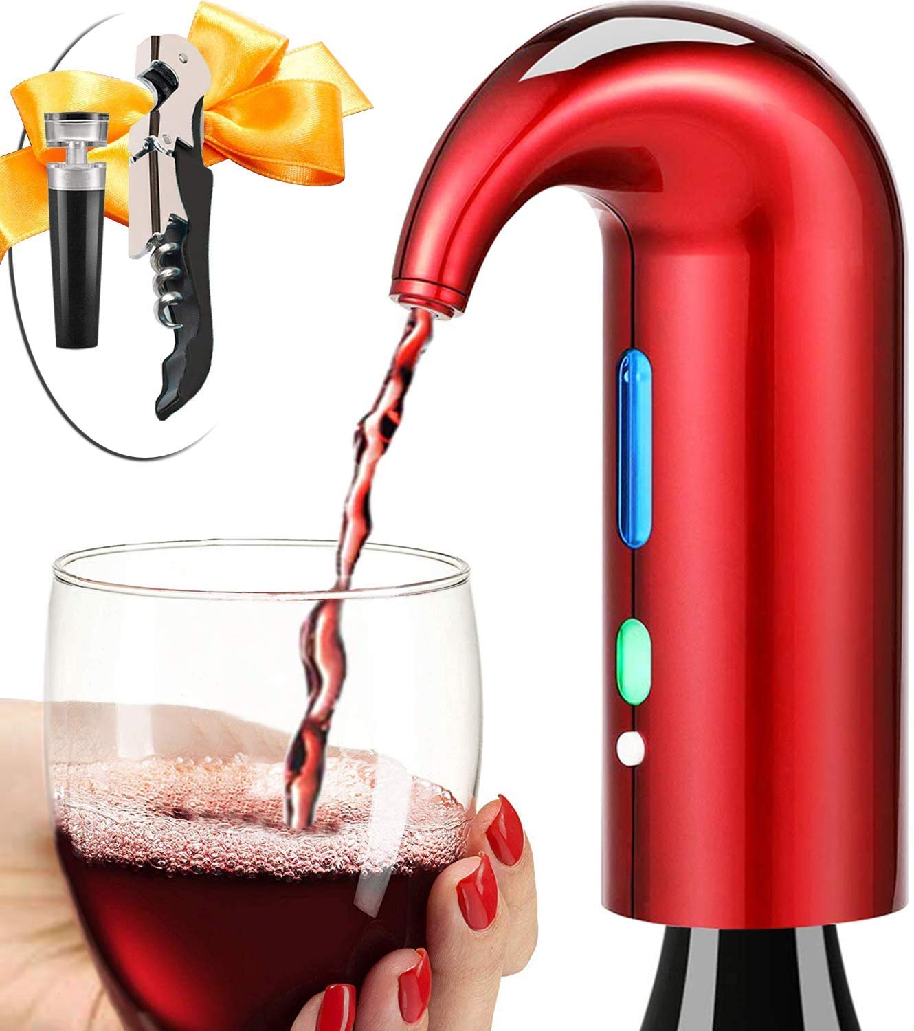 Electric Wine Aerator Pourer, Stopper Multi-Smart Automatic Filter Wine Dispenser - Premium Aerating Pourer and Decanter Spout - wine preserver(Lucky red)