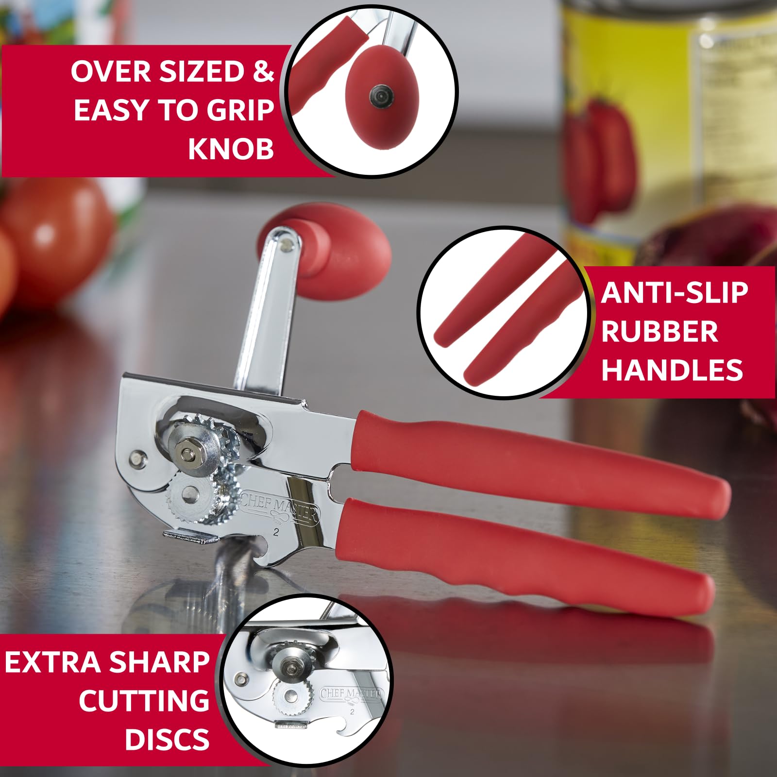 Chef-Master Commercial Can Opener, Heavy Duty Can Opener Manual for Large Cans With Anti-slip Grip, Kitchen Can Opener, Bottle and Can Opener, Professional Can Opener With Crank Handle (90056)