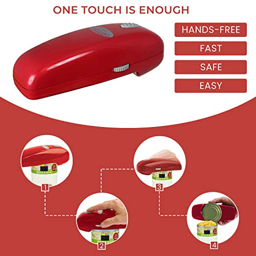 Hystrada Electric Can Opener - No Sharp Edge Handheld Can Opener - Battery Operated Can Opener - Easy One-Touch Operation Can Opener - Automatic, Food Safe, Hands Free, Smooth Edge (Red)