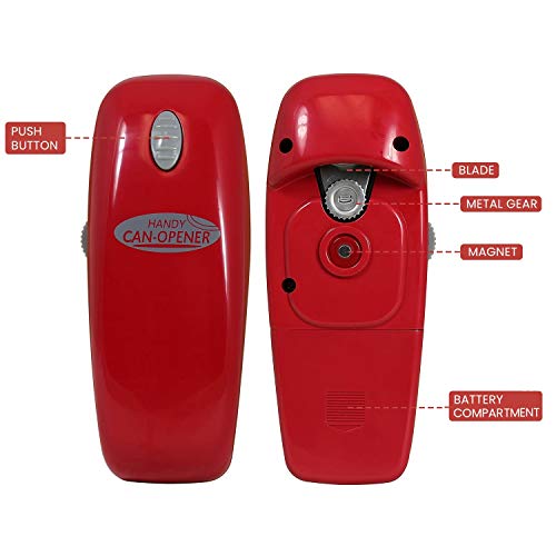 Hystrada Electric Can Opener - No Sharp Edge Handheld Can Opener - Battery Operated Can Opener - Easy One-Touch Operation Can Opener - Automatic, Food Safe, Hands Free, Smooth Edge (Red)