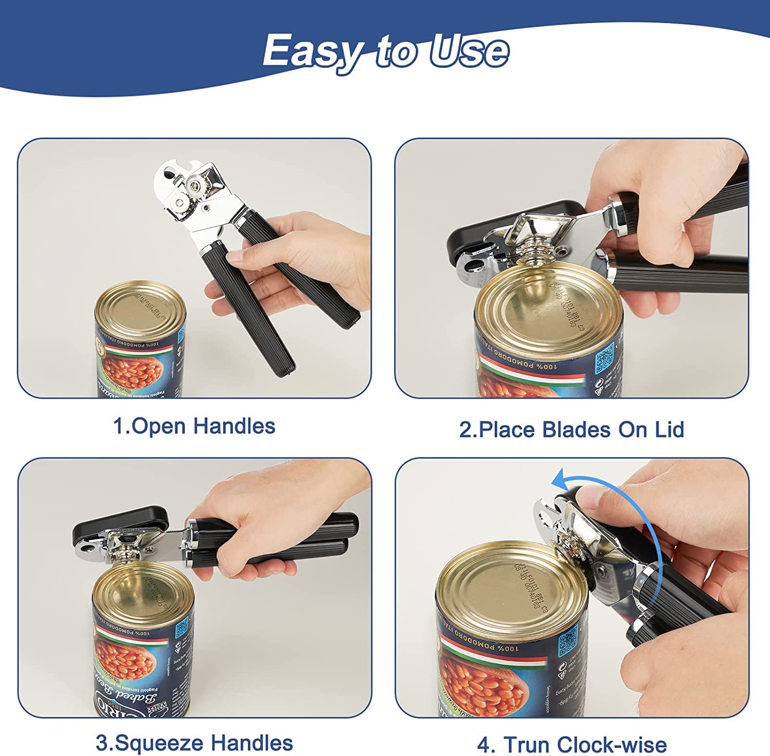 Manual Can Opener, Stainless Steel Can Opener manual Smooth Edge, Ergonomic and comfortable handle, Easy to Open for Various Shapes