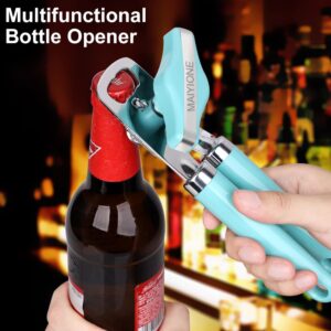 MAIYIONE - Safe Cut Can Opener Manual handheld, No-Trouble-Lid-Lift Can Opener with Magnet, Built in Bottle Opener, Stainless Steel Sharp Blade, Heavy Duty and Easy to Use Large Turn Knob, Aqua Sky