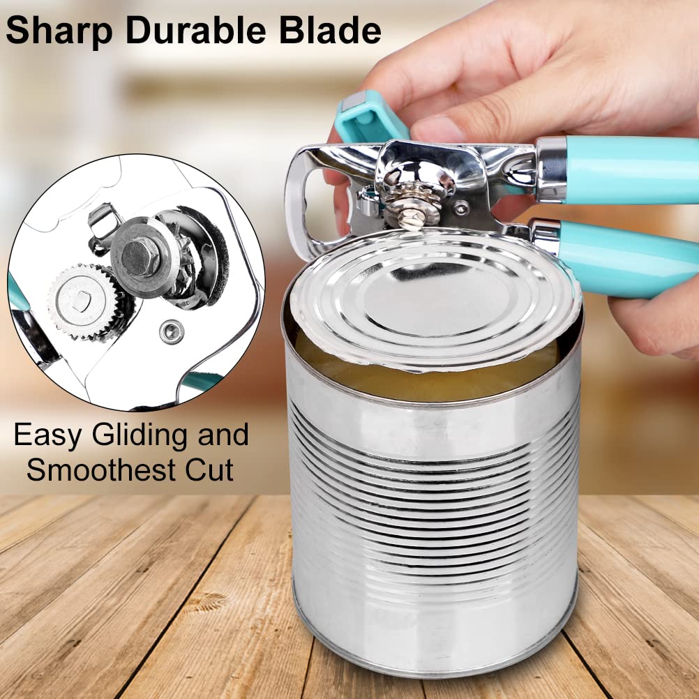 MAIYIONE - Safe Cut Can Opener Manual handheld, No-Trouble-Lid-Lift Can Opener with Magnet, Built in Bottle Opener, Stainless Steel Sharp Blade, Heavy Duty and Easy to Use Large Turn Knob, Aqua Sky