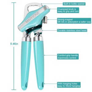 MAIYIONE - Safe Cut Can Opener Manual handheld, No-Trouble-Lid-Lift Can Opener with Magnet, Built in Bottle Opener, Stainless Steel Sharp Blade, Heavy Duty and Easy to Use Large Turn Knob, Aqua Sky