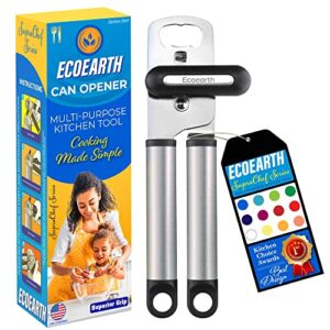 ecoearth heavy-duty can opener (stainless steel & black), manual easy grip handheld tin opener, multipurpose kitchen tool, lid top remover, easy turn knob w/bottle opener