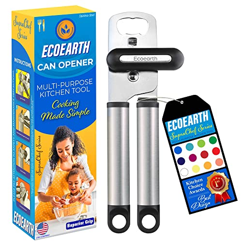 EcoEarth Heavy-Duty Can Opener (Stainless Steel & Black), Manual Easy Grip Handheld Tin Opener, Multipurpose Kitchen Tool, Lid Top Remover, Easy Turn Knob w/Bottle Opener