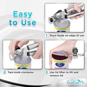 EcoEarth Heavy-Duty Can Opener (Stainless Steel & Black), Manual Easy Grip Handheld Tin Opener, Multipurpose Kitchen Tool, Lid Top Remover, Easy Turn Knob w/Bottle Opener