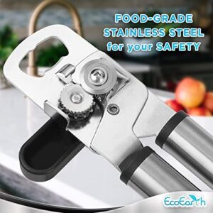 EcoEarth Heavy-Duty Can Opener (Stainless Steel & Black), Manual Easy Grip Handheld Tin Opener, Multipurpose Kitchen Tool, Lid Top Remover, Easy Turn Knob w/Bottle Opener