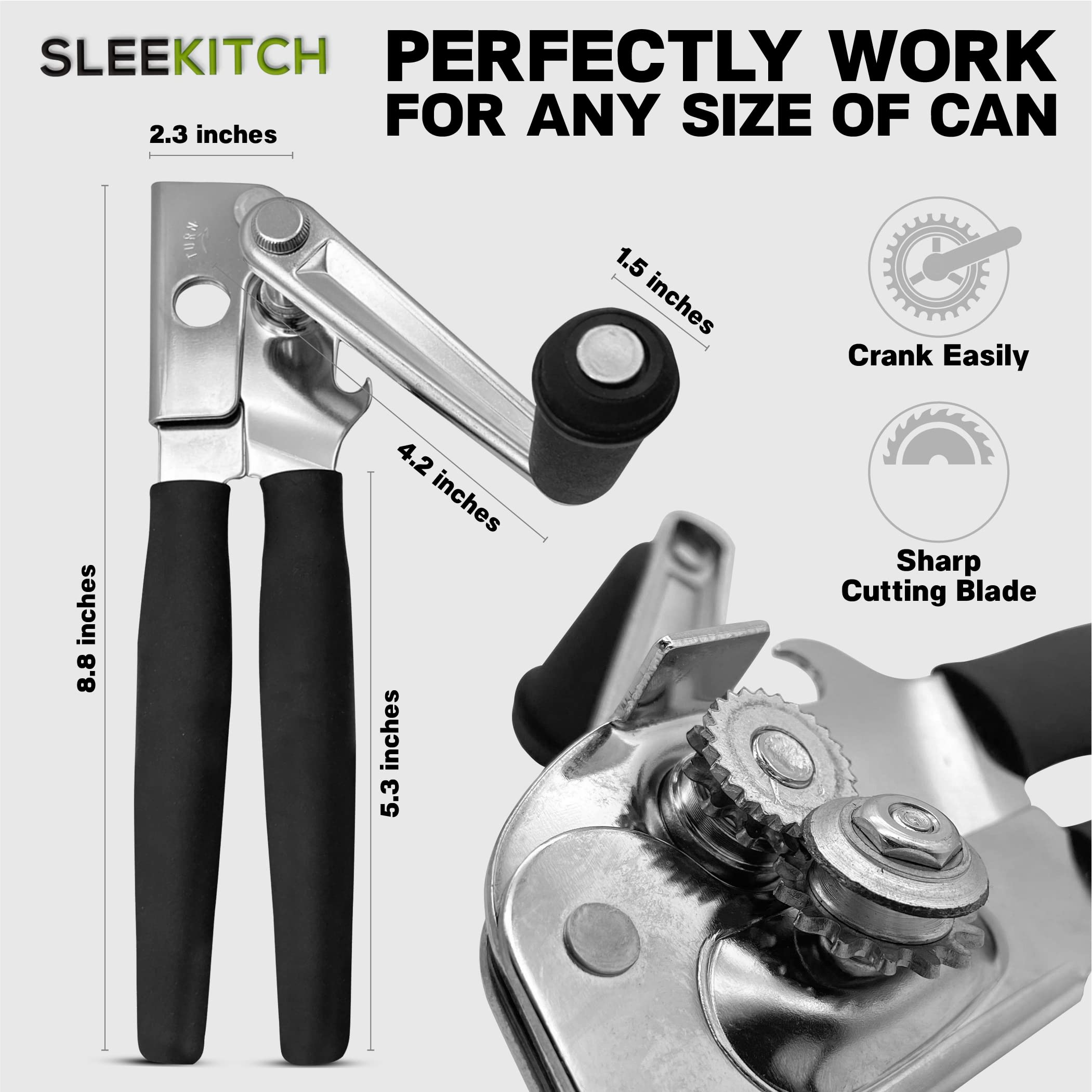 Sleekitch Commercial Can Opener Manual Heavy Duty, Hand Crank Can Opener, Large Handheld Can Opener Easy for Big Cans, Swing Grip Design, Manual Can Opener with Comfortable Easy Crank Handle, Black