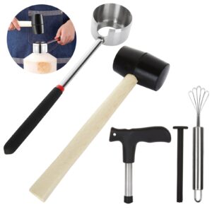 fengwu coconut opener tool set food grade stainless steel coconut opener kit for young coconut coco jack opener kit with stainless steel scraper, coconut hole maker puncher, rubber hammer (4pcs)