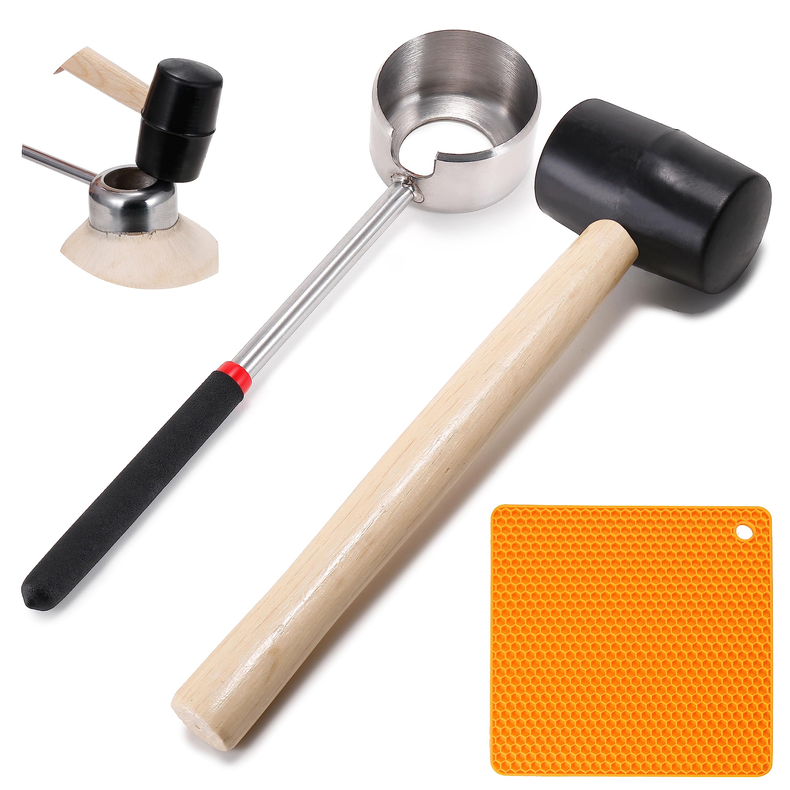 Coconut Opener Tool Set, Food Grade Stainless Steel Coco Opener Kit for Coconut Young & Mature, Coconut Shell Puncher Knife, Rubber Hammer with Wood Handle, Silicone Mat Shockproof