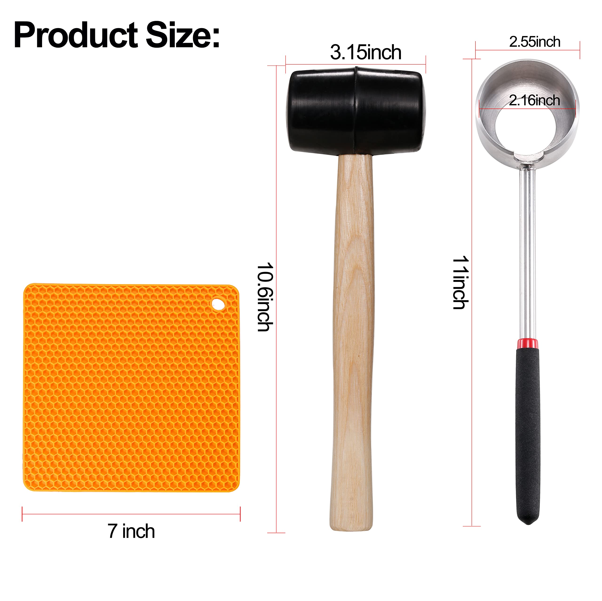 Coconut Opener Tool Set, Food Grade Stainless Steel Coco Opener Kit for Coconut Young & Mature, Coconut Shell Puncher Knife, Rubber Hammer with Wood Handle, Silicone Mat Shockproof