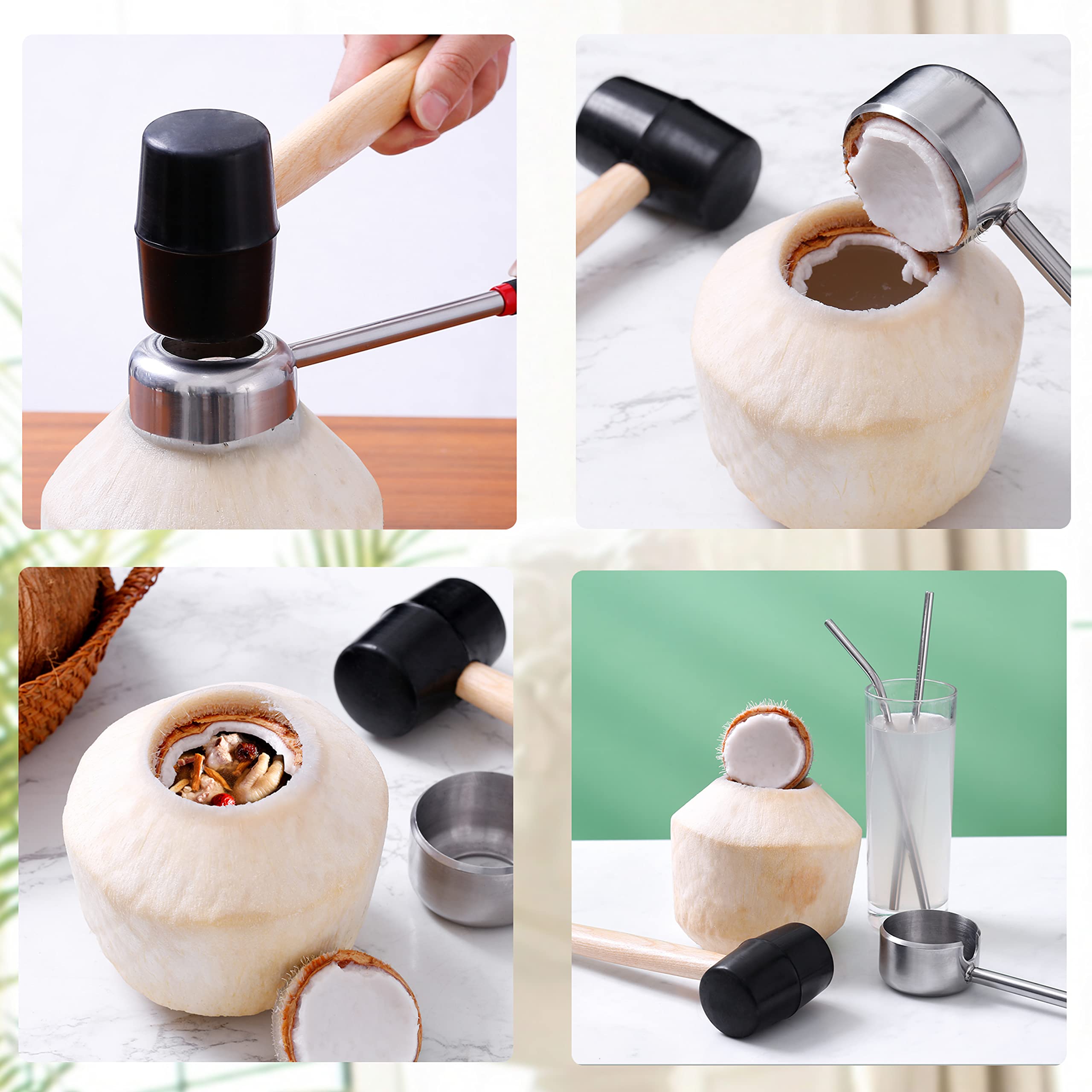 Coconut Opener Tool Set, Food Grade Stainless Steel Coco Opener Kit for Coconut Young & Mature, Coconut Shell Puncher Knife, Rubber Hammer with Wood Handle, Silicone Mat Shockproof