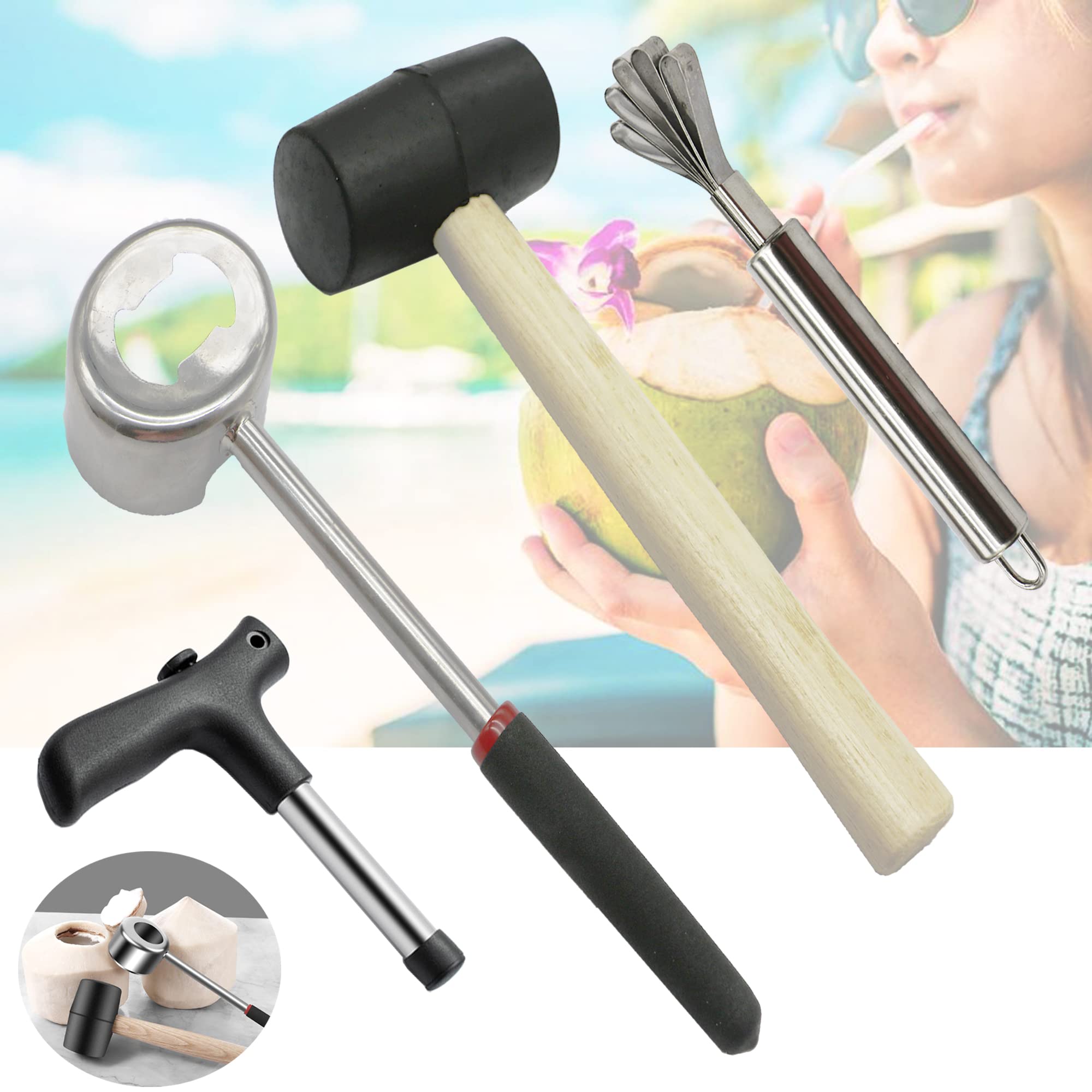 Coconut Opener Tools Set Super Easy to Open Coconuts Tool Food Grade Stainless Steel Coconut Opener Set Rubber Mallet with Handle Meat Removal Scraper