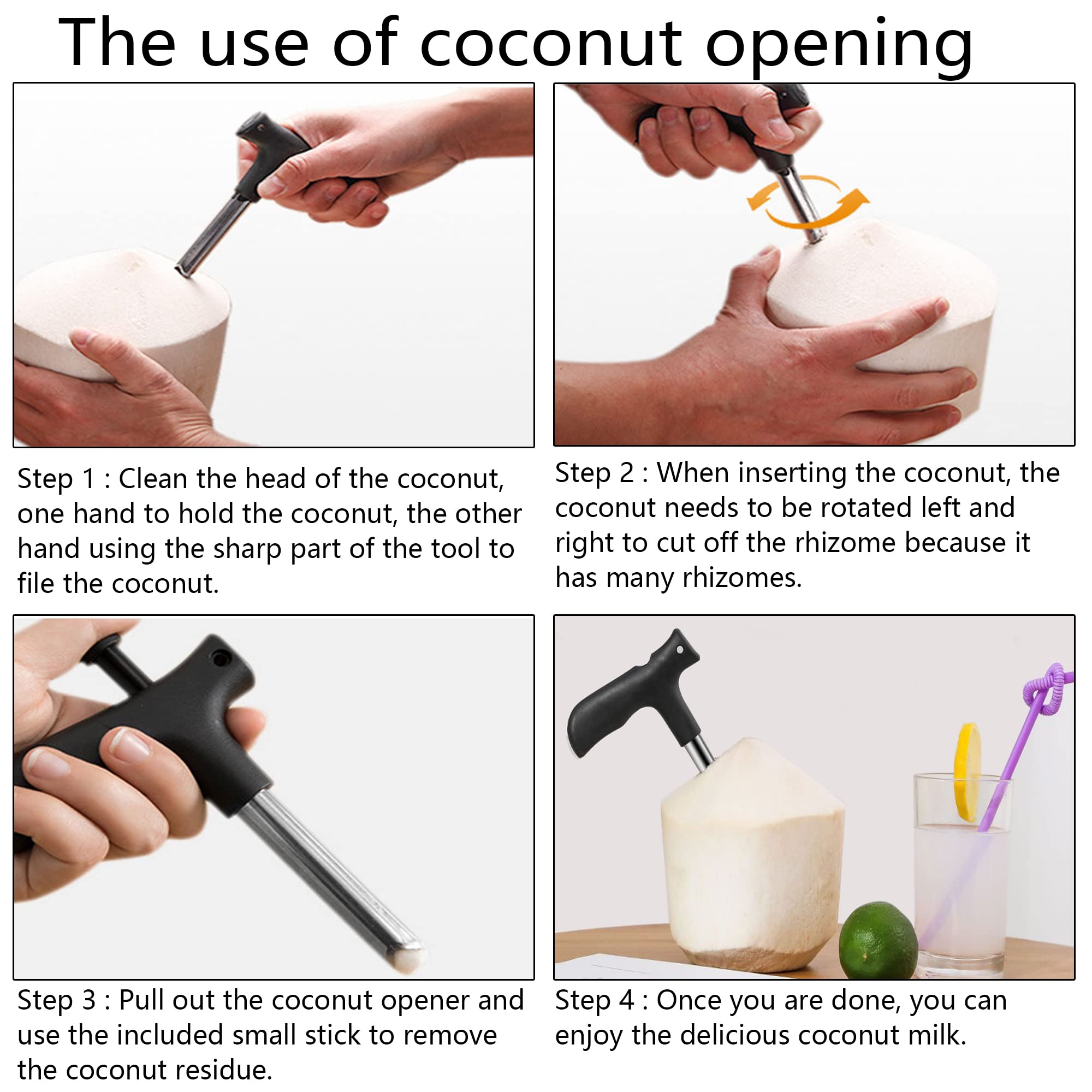 Coconut Opener Tools Set Super Easy to Open Coconuts Tool Food Grade Stainless Steel Coconut Opener Set Rubber Mallet with Handle Meat Removal Scraper