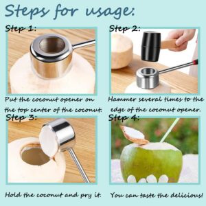 Coconut Opener Tools Set Super Easy to Open Coconuts Tool Food Grade Stainless Steel Coconut Opener Set Rubber Mallet with Handle Meat Removal Scraper