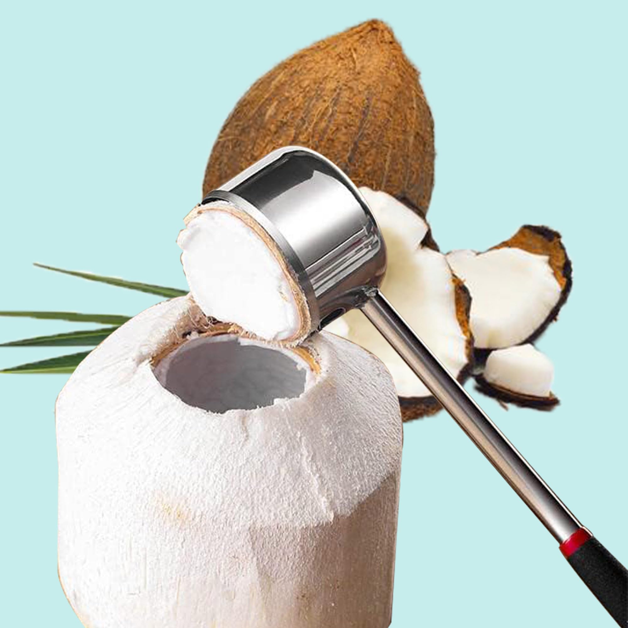 Coconut Opener Tools Set Super Easy to Open Coconuts Tool Food Grade Stainless Steel Coconut Opener Set Rubber Mallet with Handle Meat Removal Scraper