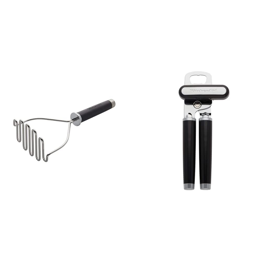 KitchenAid Gourmet Stainless Steel Wire Masher, 10.24-Inch, Black & Classic Multifunction Can Opener / Bottle Opener, 8.34-Inch, Black