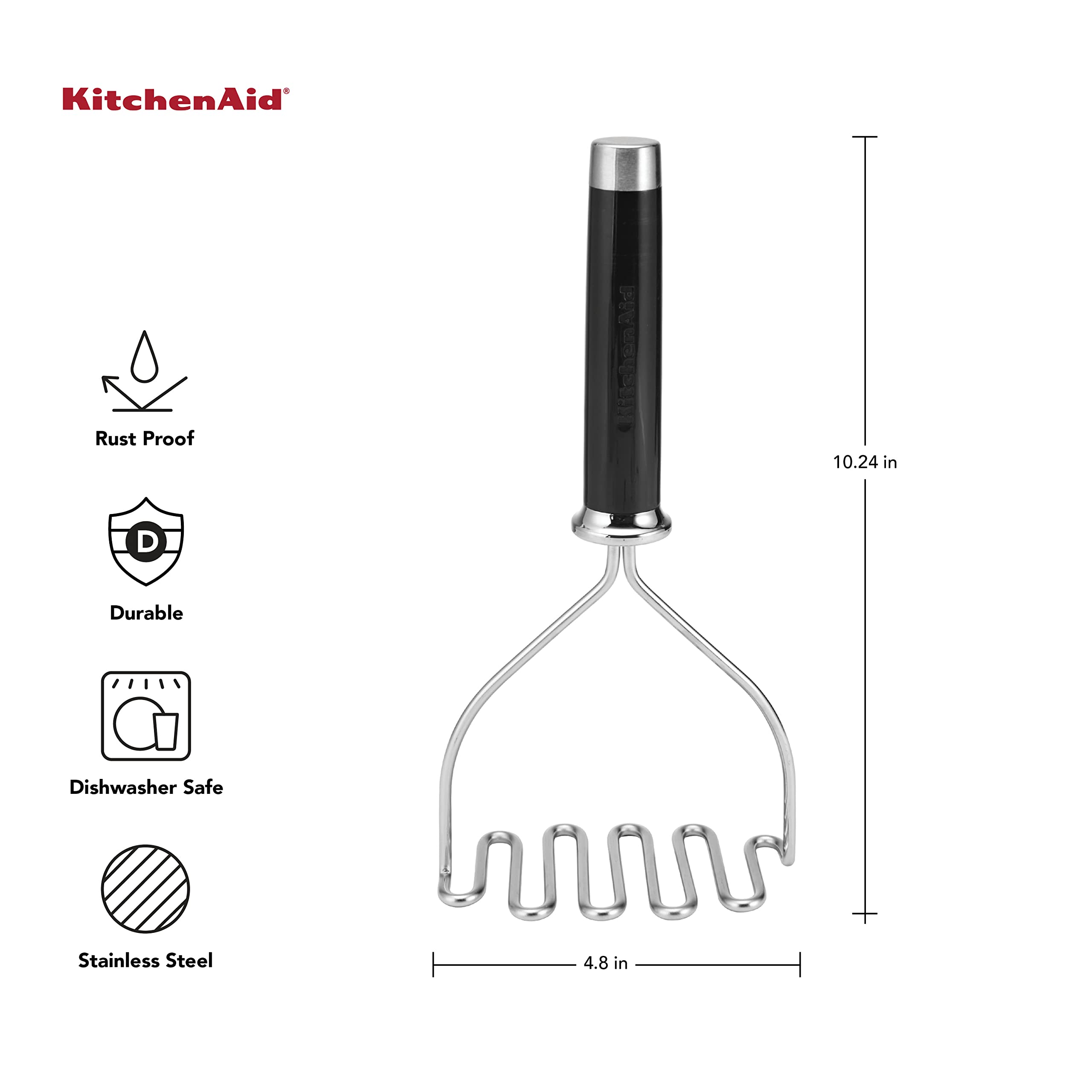 KitchenAid Gourmet Stainless Steel Wire Masher, 10.24-Inch, Black & Classic Multifunction Can Opener / Bottle Opener, 8.34-Inch, Black