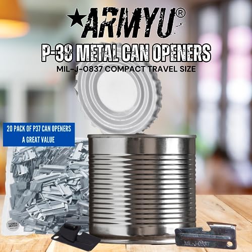 ARMYU Government Issue Style P-38 Steel Can Opener John Wayne P38 Can Openers with MIL-J-0837 Engraving, Silver (20 Pack)