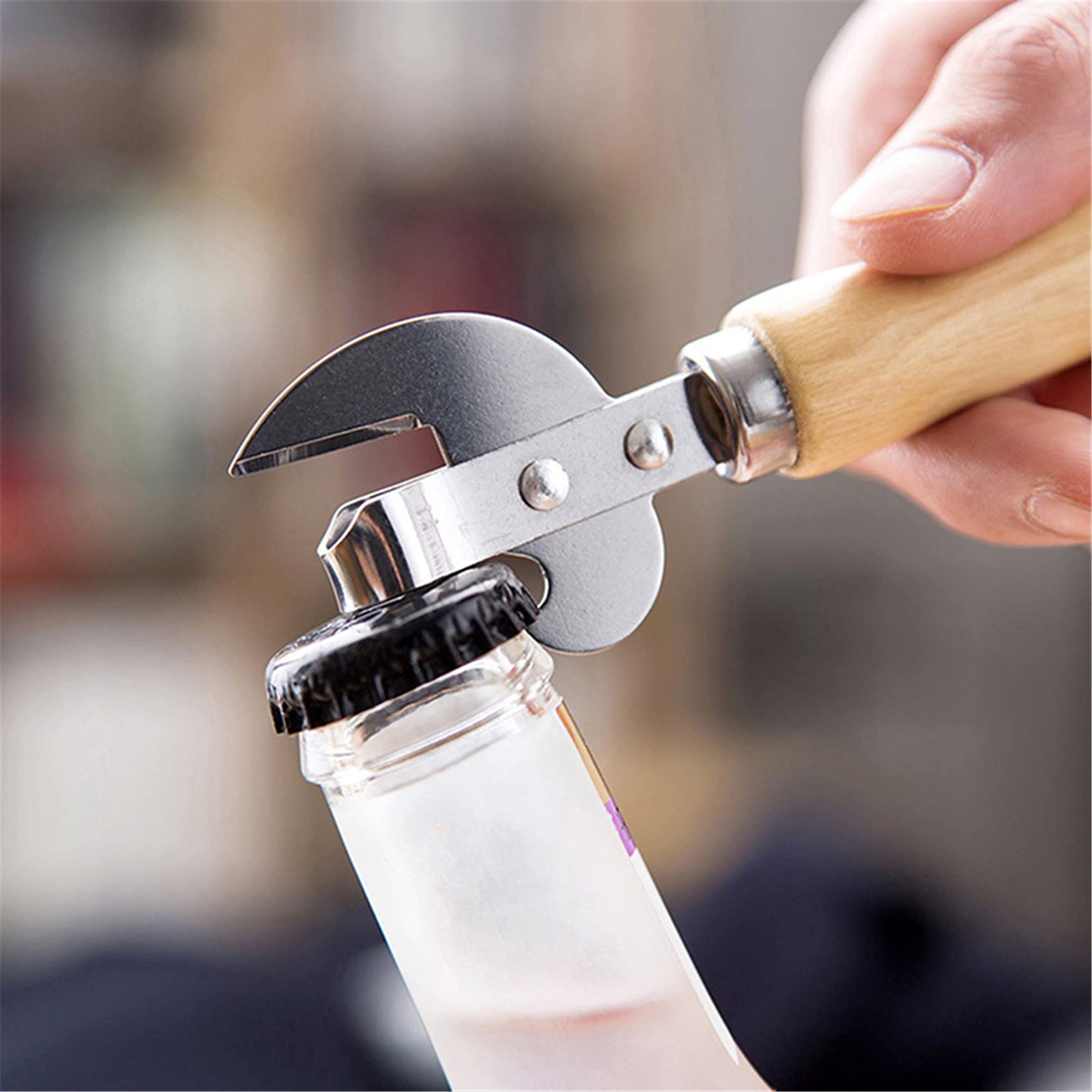 QXPDD Manual Can Opener with Wooden Handle Stainless Steel Convenient and Durable Manual Opener for Beer Bottle Household Kitchen Gadget Silver