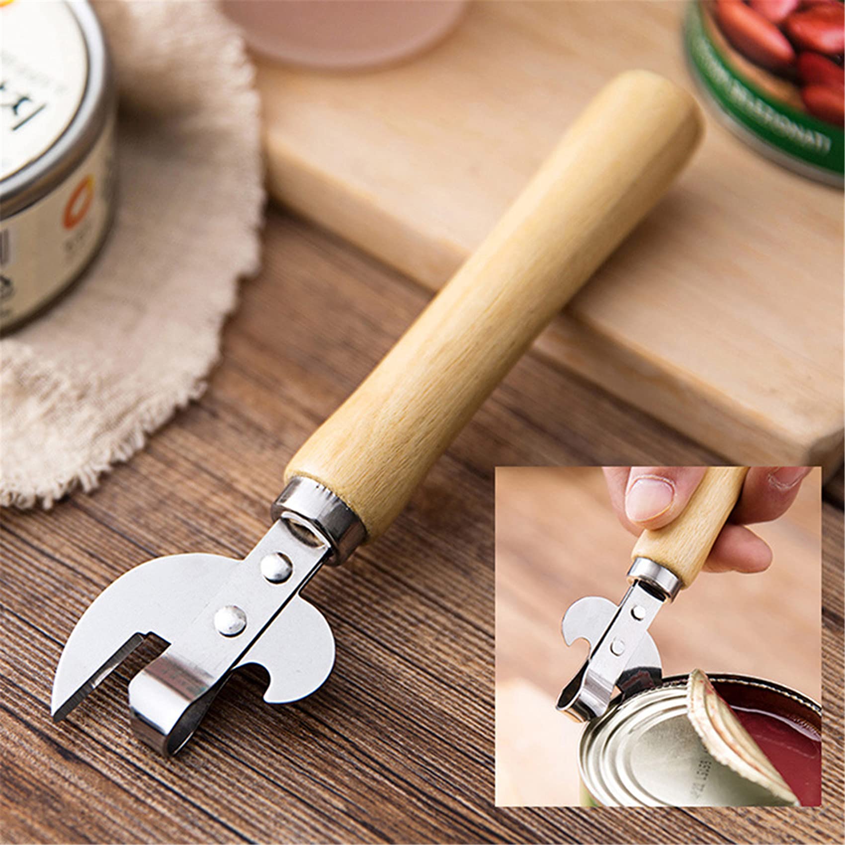 QXPDD Manual Can Opener with Wooden Handle Stainless Steel Convenient and Durable Manual Opener for Beer Bottle Household Kitchen Gadget Silver