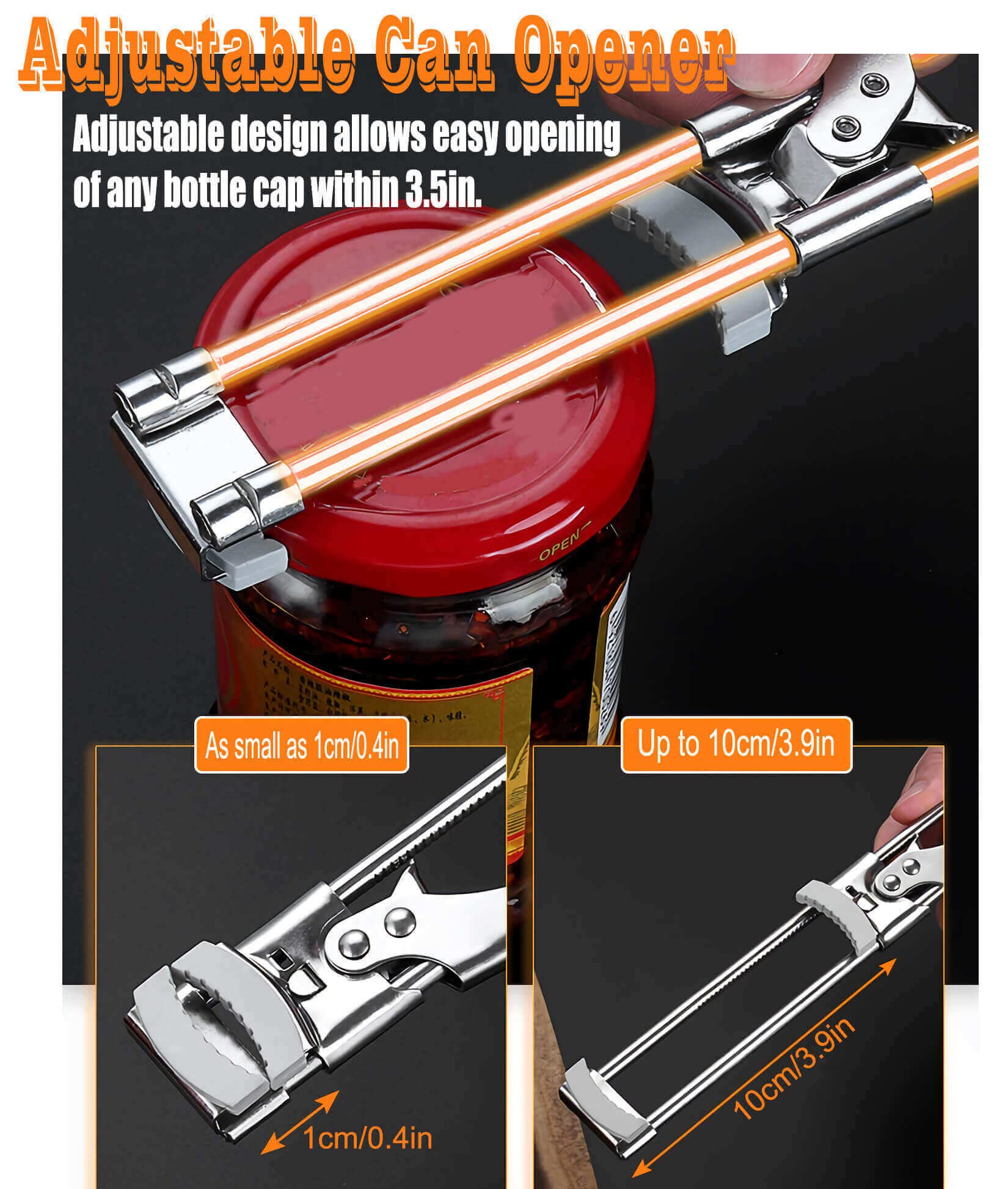 2023 New Adjustable Stainless Steel Can Opener,Upgrade the Extension of the Bottle Opener with Non-Slip Pad,Jar Opener for Weak Hands，Longer Hand Can Opener for Any-Size Lids (1 Pcs, 9in)