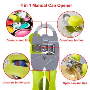 GOOCHOO Manual Can Opener 4-in-1 Stainless Steel Professional Can Opener, Food Safety, Ultra Sharp Cutting, Smooth Edge, Bottle Can Openers Perfect for Seniors with Arthritis (Green)