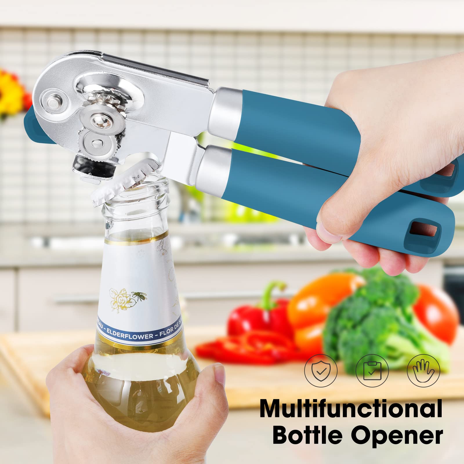 Can Opener Manual, Can Opener with Magnet, Hand Can Opener with Sharp Blade Smooth Edge, Handheld Can Openers with Big Effort-Saving Knob, Can Opener with Multifunctional Bottles Opener, Aqua